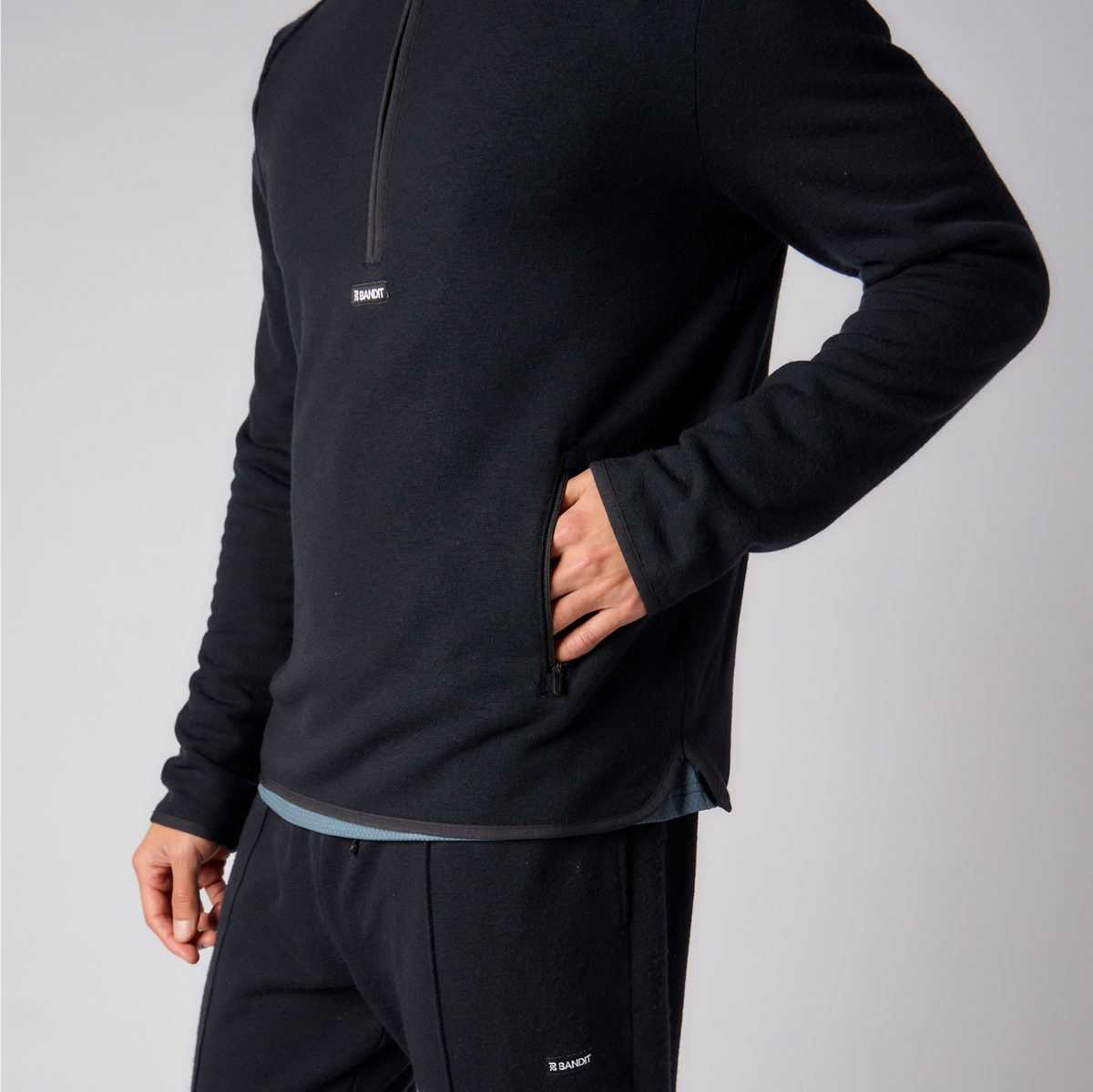 Wool Terry Quarter Zip Pullover for Men - Black | Bandit Running